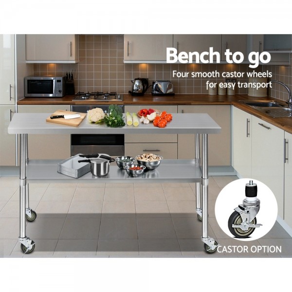 Cefito 430 Stainless Steel Kitchen Benches Work Bench with Wheels ...